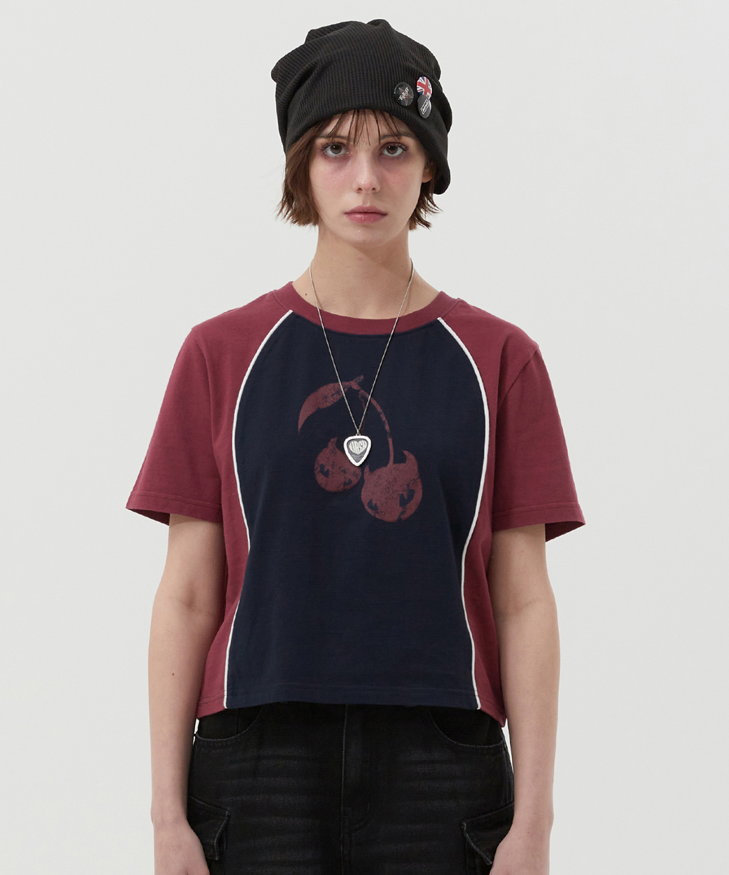 Kirsh 配色拼接七分袖T恤（深海軍藍） (Creatrip)