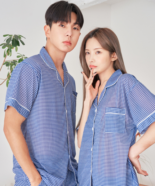 MUSINSA | DOSSY Air Fit Checkered Short Sleeve Collar Couple Pajamas Set