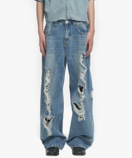 MUSINSA | MILLO ARCHIVE Reflect Curved Damage Pants [Light Blue]