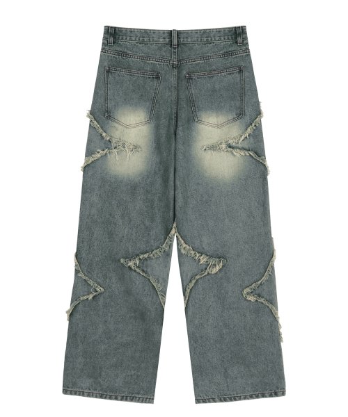 MUSINSA | TRILLION Star Applique Damaged Washed Denim Pants (BEIGE BLUE)