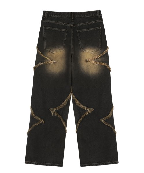 MUSINSA | TRILLION Star Applique Damaged Washed Denim Pants (YELLOW BLACK)