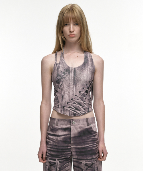 MUSINSA | NACHE RACE UP PRINTED SLEEVELESS BLACK