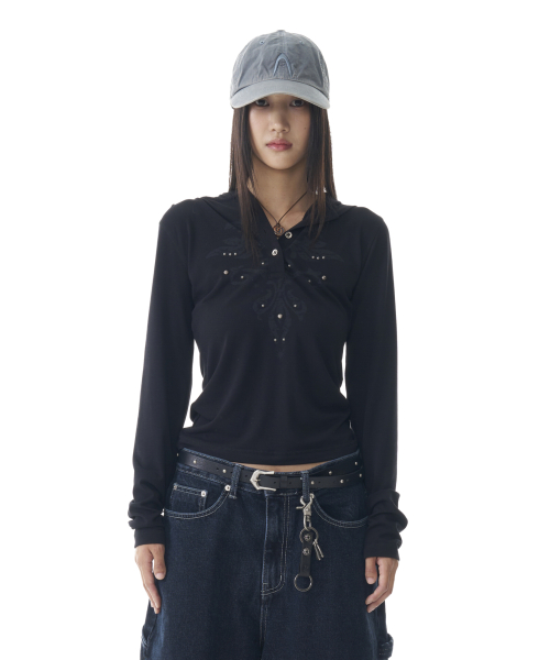 MUSINSA公式 | AAKAM Studded Leaf Hooded Long Sleeve (Black)
