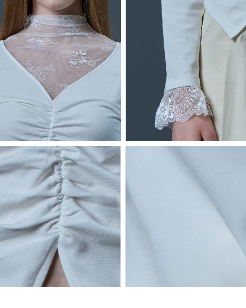 [CP] 레이스 레이어드 브이넥 셔링 긴팔티셔츠 [WHITE] KCL. - 감도 깊은 취향 셀렉트샵 29CM