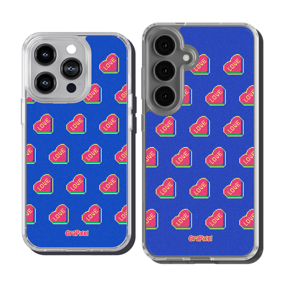 MUSINSA | GRAPIXEL Retro Heart Pattern Gel Hard Phone Case (Blue)