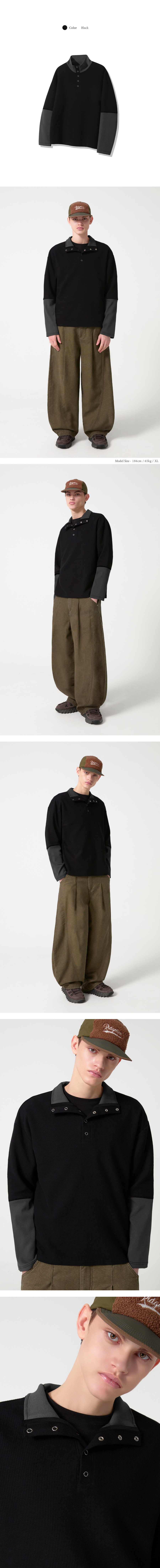MUSINSA | TRILLION Waffle Ring Snap Collar Henley Neck Long Sleeve_Black
