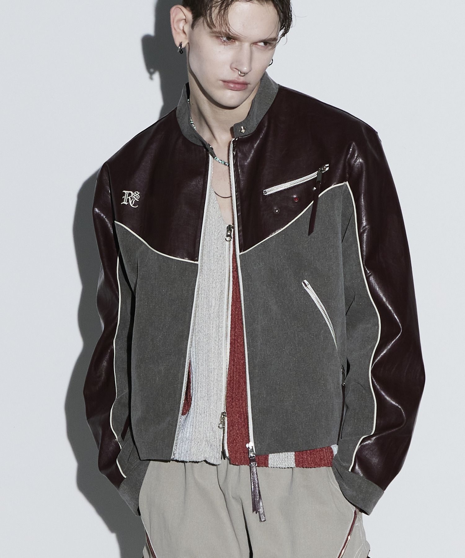 MUSINSA | RSSC LEATHER & DENIM BIKER JACKET - WI/BR