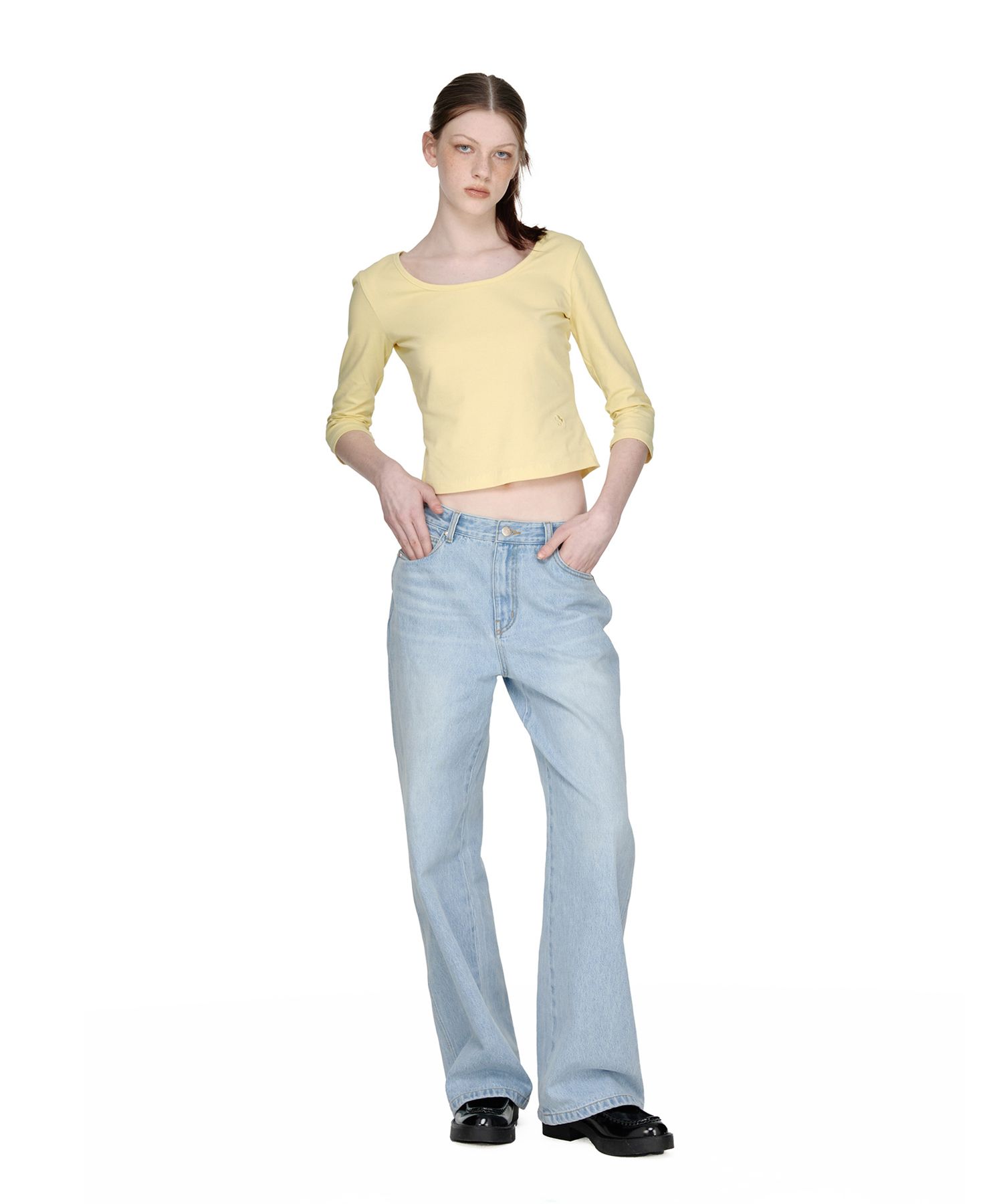 MUSINSA | SUNBURN PROJECT Three-Quarter Scoop Neck Sleeve Top, LEMON