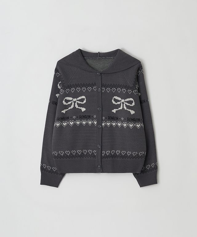 MUSINSA公式 | RONRON RIBBON HOODED PATTERN KNIT CARDIGAN CHARCOAL