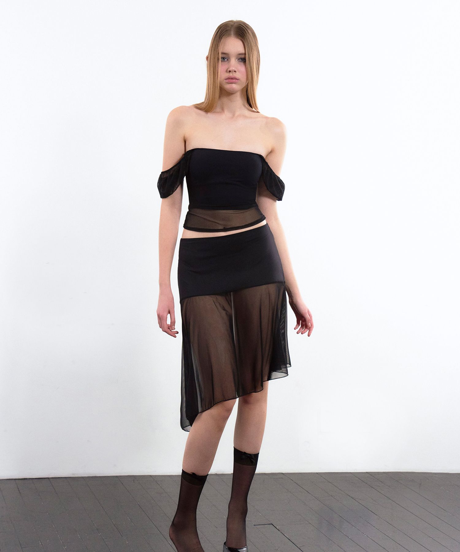 MUSINSA公式 | VINAJ Midi Uneven See-Through Skirt Cover-Up (Black)