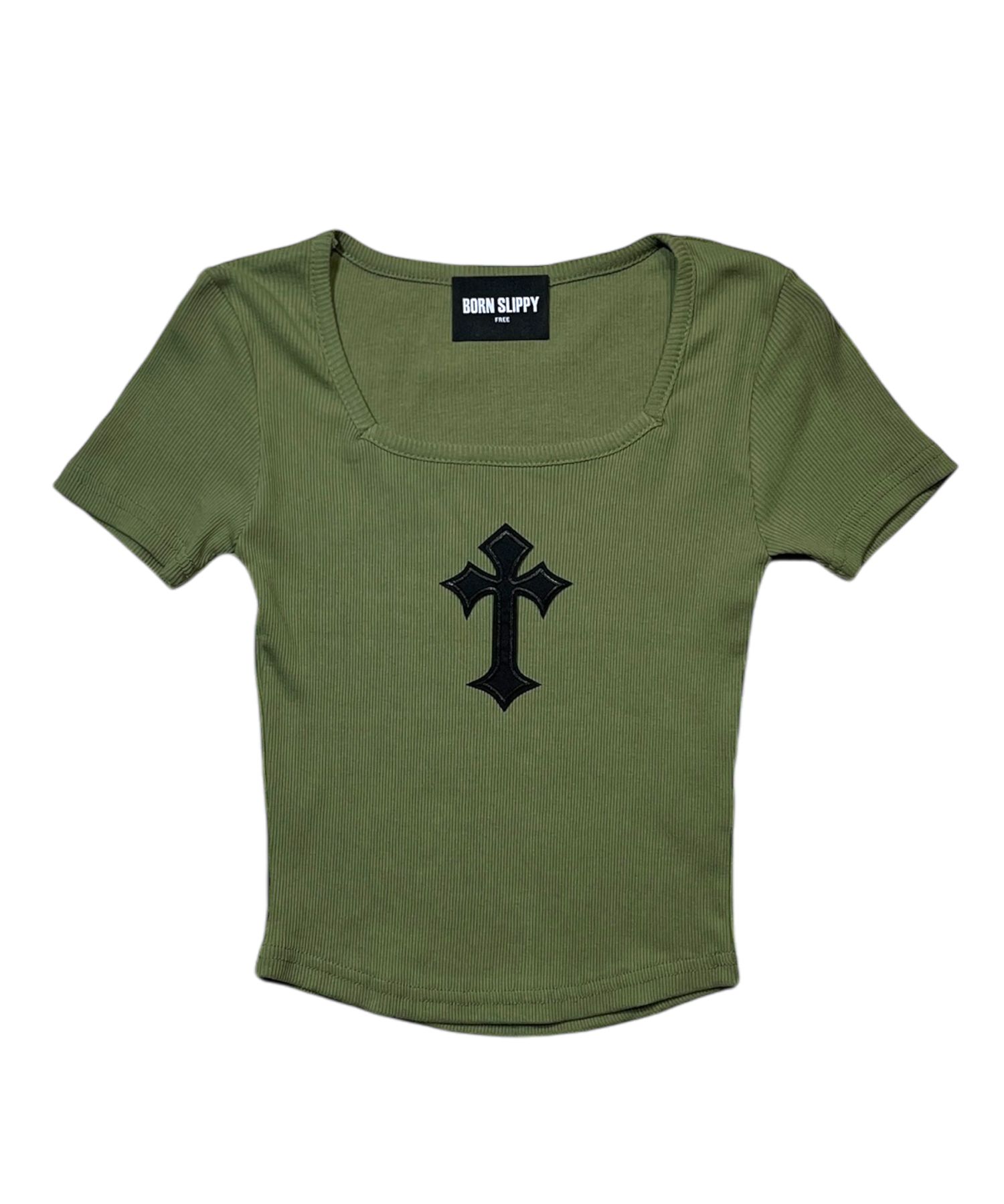 MUSINSA公式 | BORN SLIPPY Cross Square Neck T-shirt (Green)