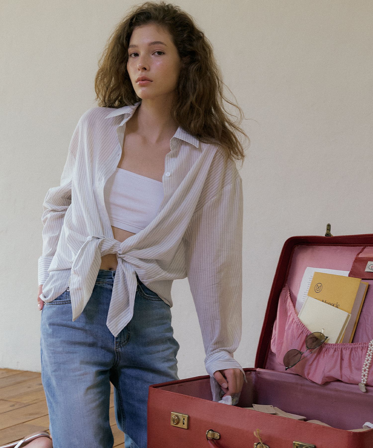 MUSINSA公式 | LUCIR ZU Cozy Stripe See-through Overfit Shirt (sky blue)