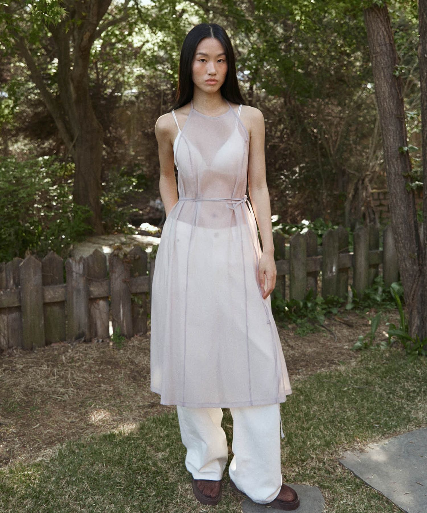 MUSINSA公式 | FROMWHERE HALTER NECK SHEER DRESS L/GRAY