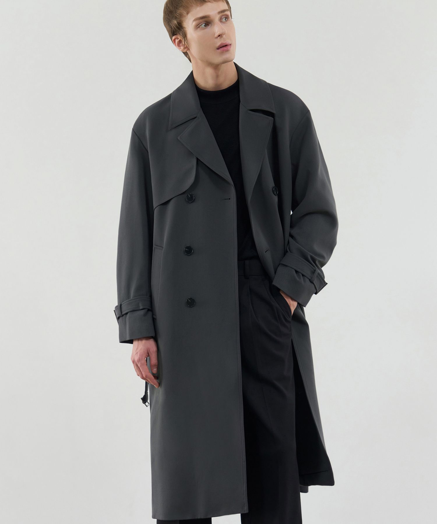 MUSINSA | DRAW FIT Oversized wool trench coat [CHARCOAL]