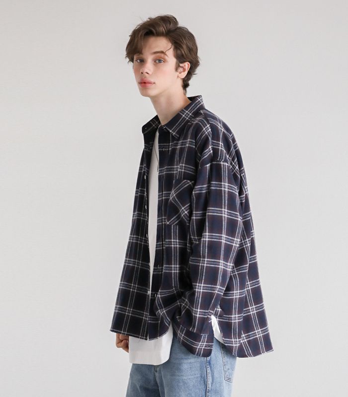 MUSINSA | AVANDRESS Unisex Base Overfit Check Shirt-Navy
