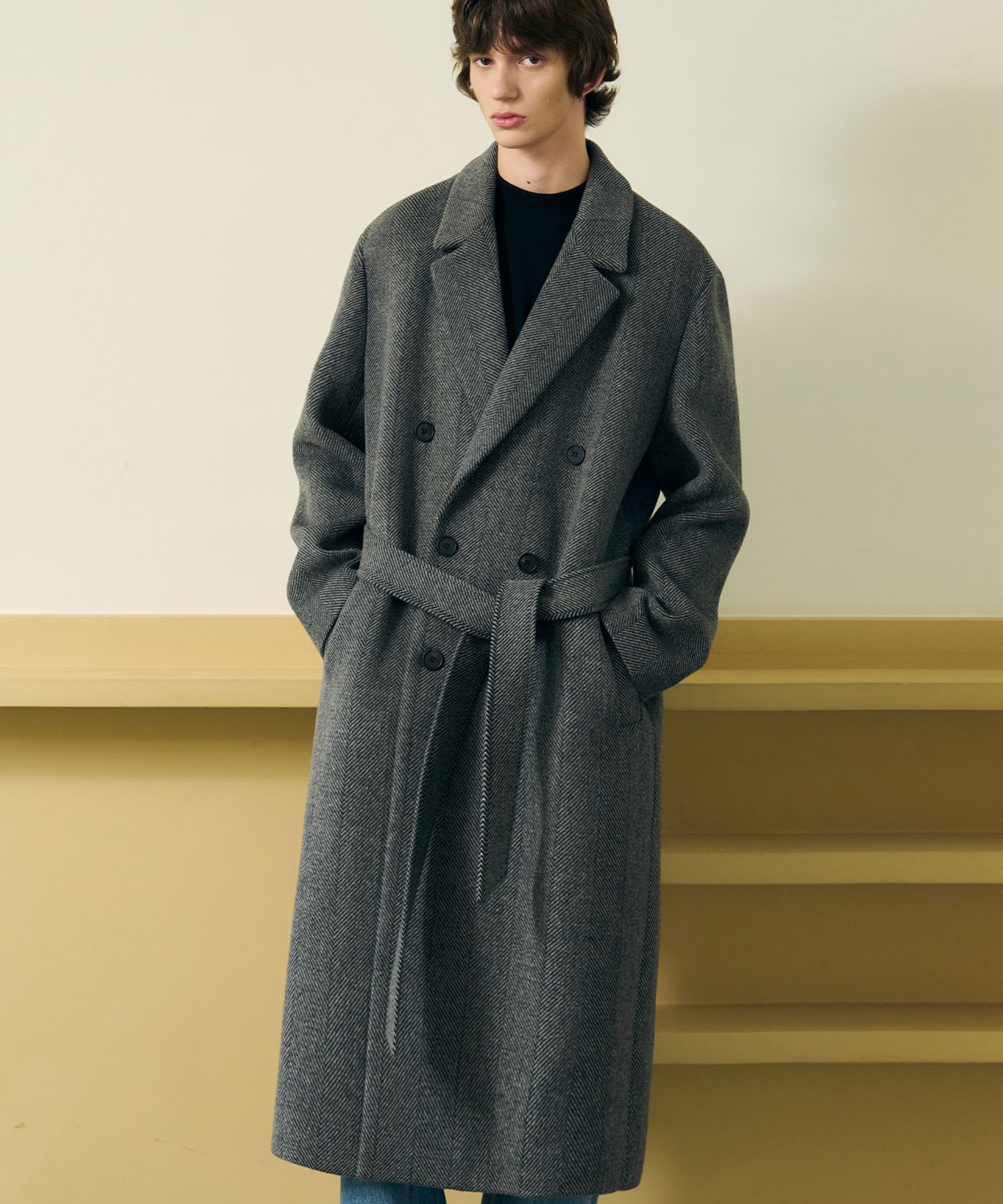 MUSINSA | DRAW FIT Checkered Robe Double Coat [HERRINGBONE CHECK]