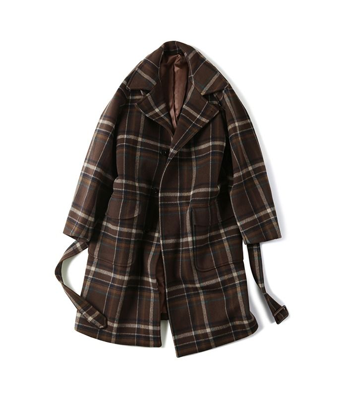MUSINSA | SHIRTER BELTED WOOL CHECK COAT (BROWN)