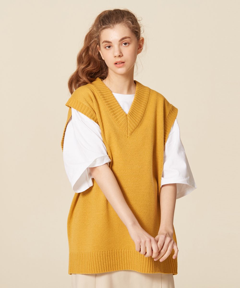 MUSINSA | BLOND9 V-NECK KNIT VEST_MUSTARD
