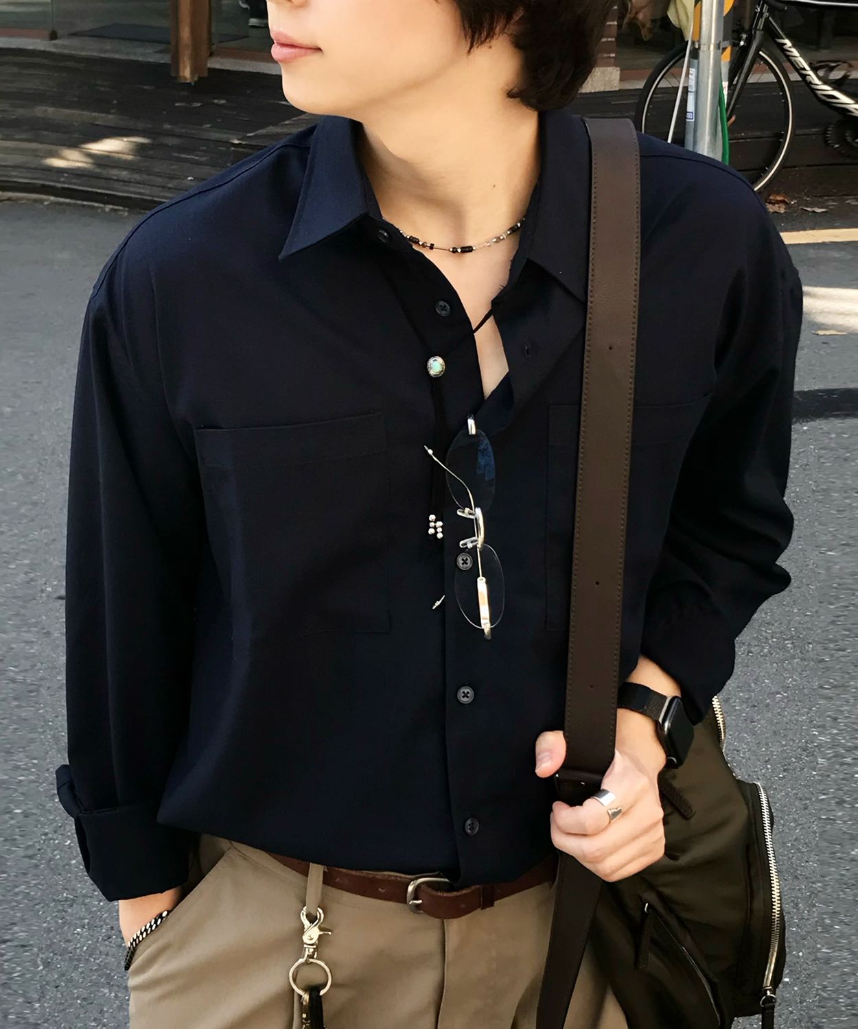 MUSINSA | LEIRE Linen Two Pocket Overfit Shirt [Navy]