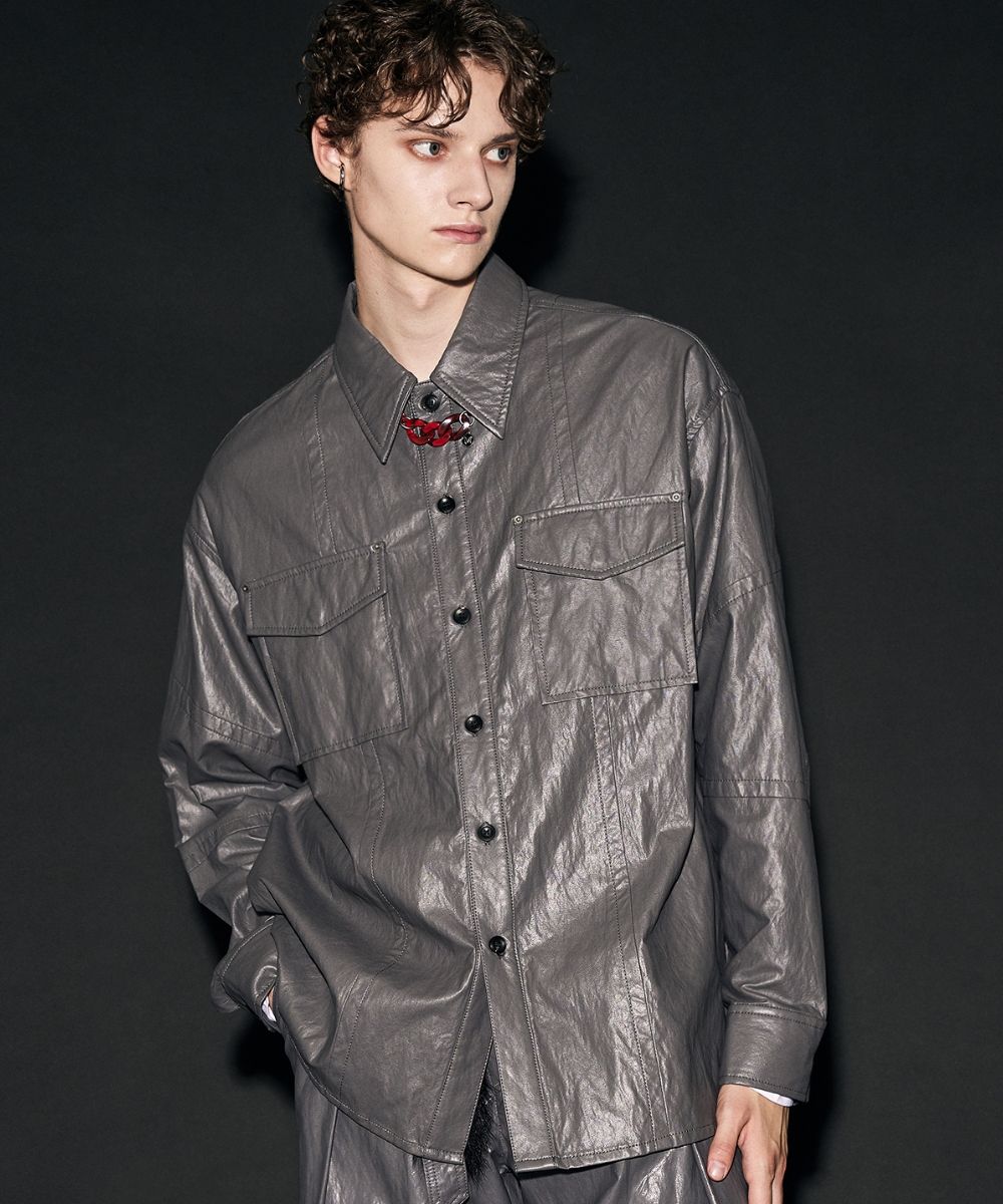 MUSINSA | MAISON MINED LEATHER SECTION SHIRTS GRAY