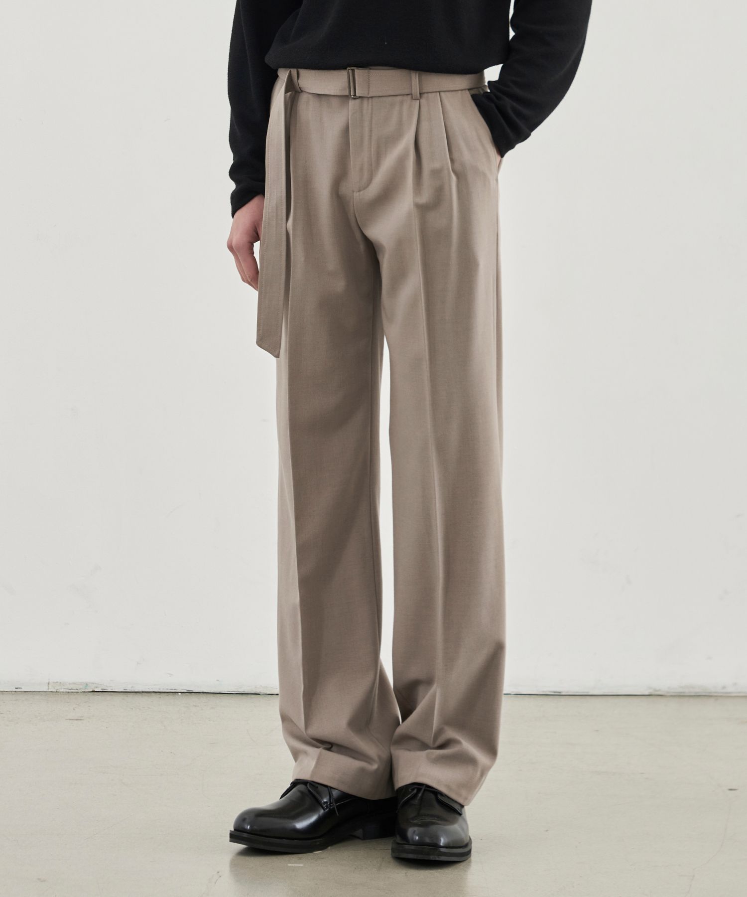 MUSINSA | DRAW FIT MOZ wool wide belted slacks [GREYISH BEIGE]