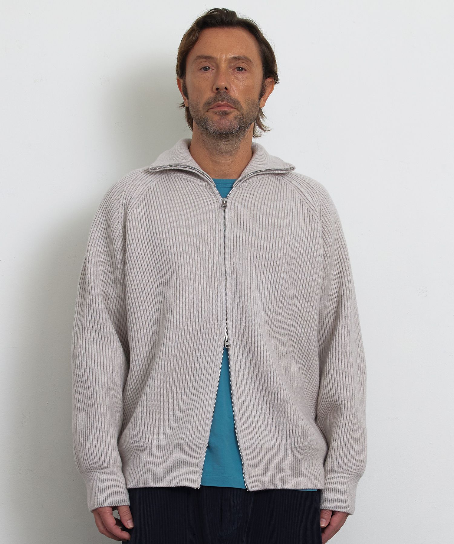 MUSINSA | KNITLY [Men] Ribbed knit zip-up_Light Gray