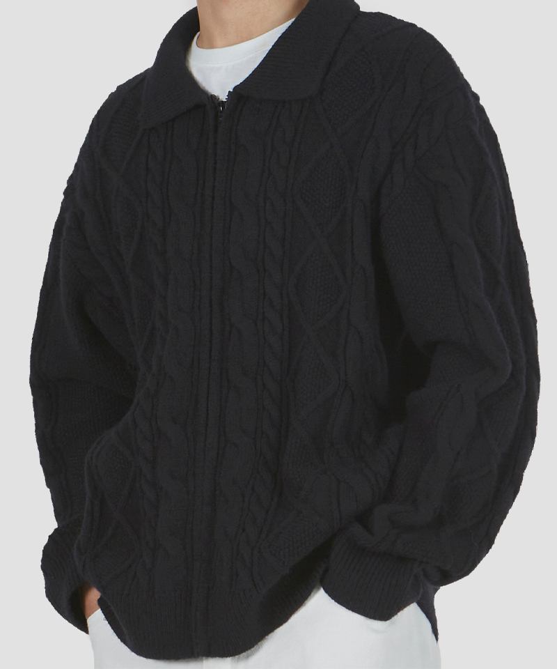 MUSINSA | GLW collar cable knit zip-up black