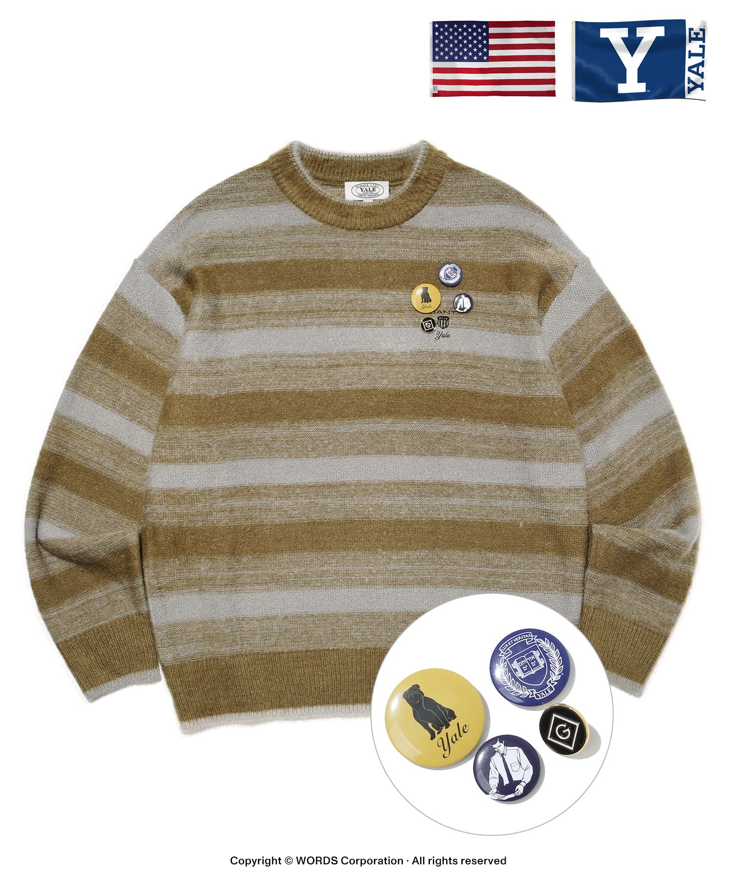 MUSINSA | YALE EMBROIDERY STRIPE KNIT CREWNECK KHAKI