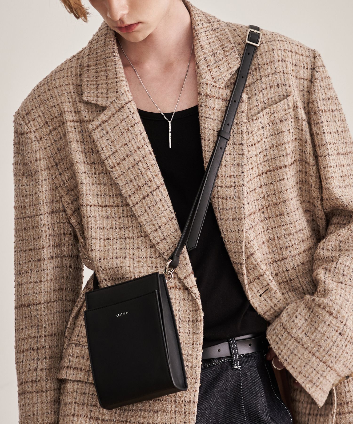 MUSINSA | LEATHERY Front Pocket Mini Cross Bag [BLACK]