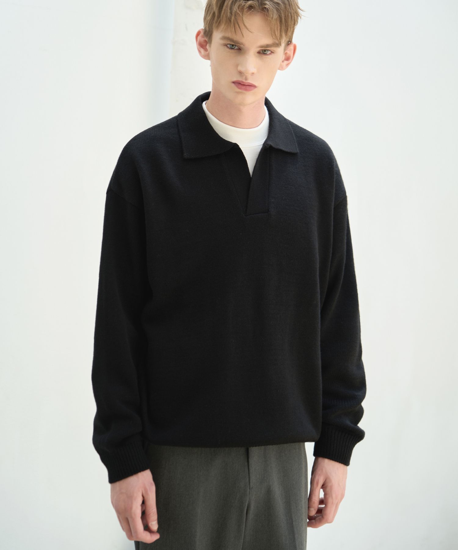 MUSINSA | DRAW FIT Oversized Pullover Collar Knitwear [BLACK]