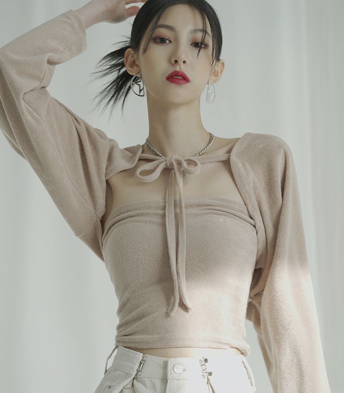 MUSINSA | AVANDRESS Terry Tube Top Cardigan Set BEIGE