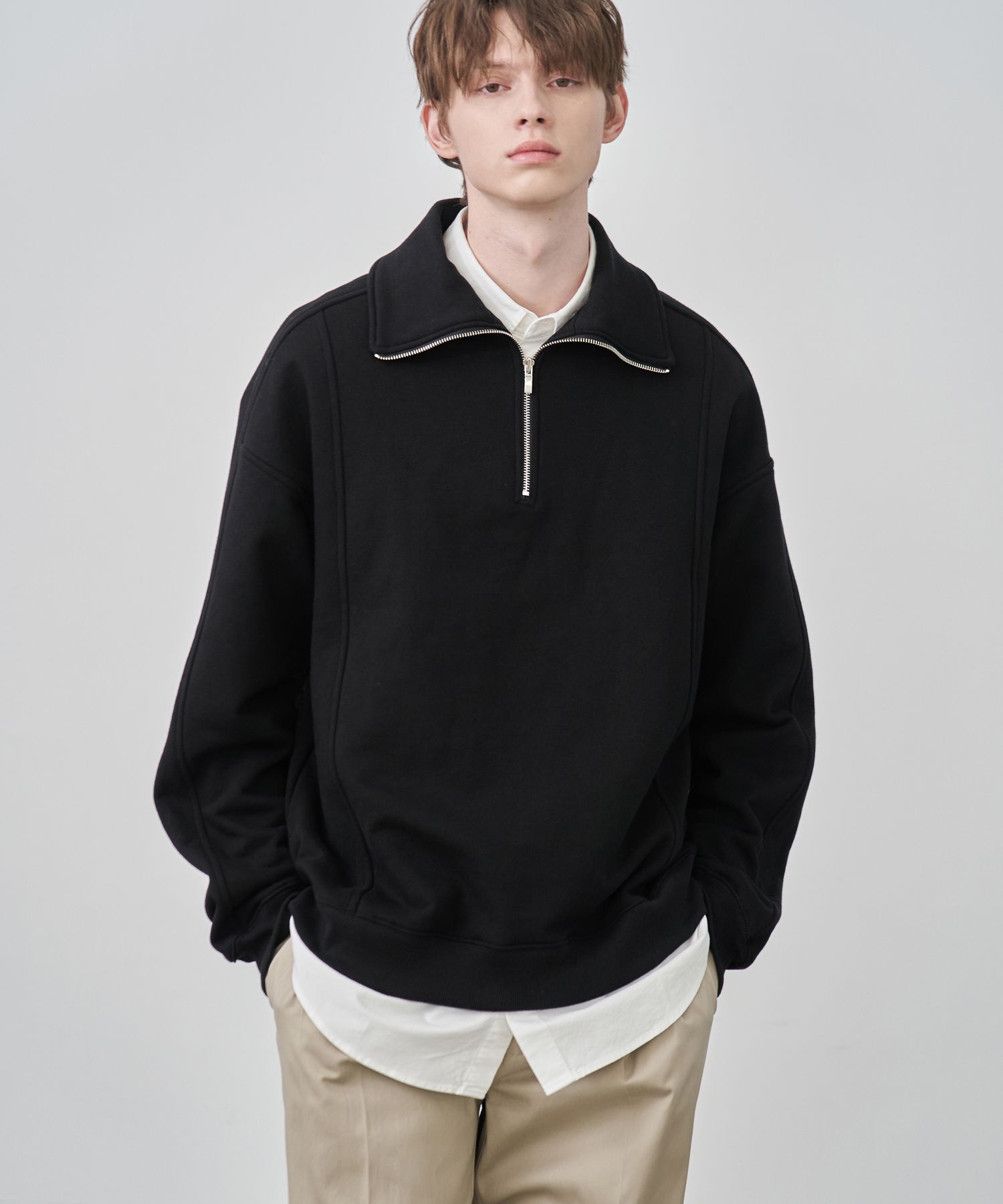 MUSINSA | DRAW FIT Oversized Zip-Up Collar Sweat Shirt [BLACK]