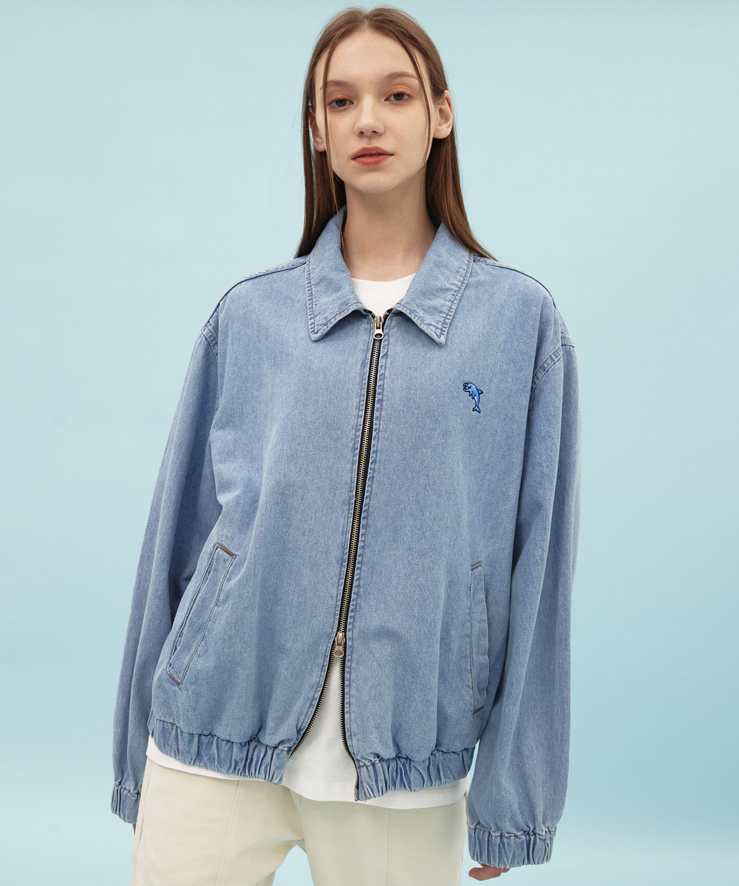 MUSINSA | WAI KEI DOLPHIN EMBROIDERED DENIM JACKET LIGHT BLUE
