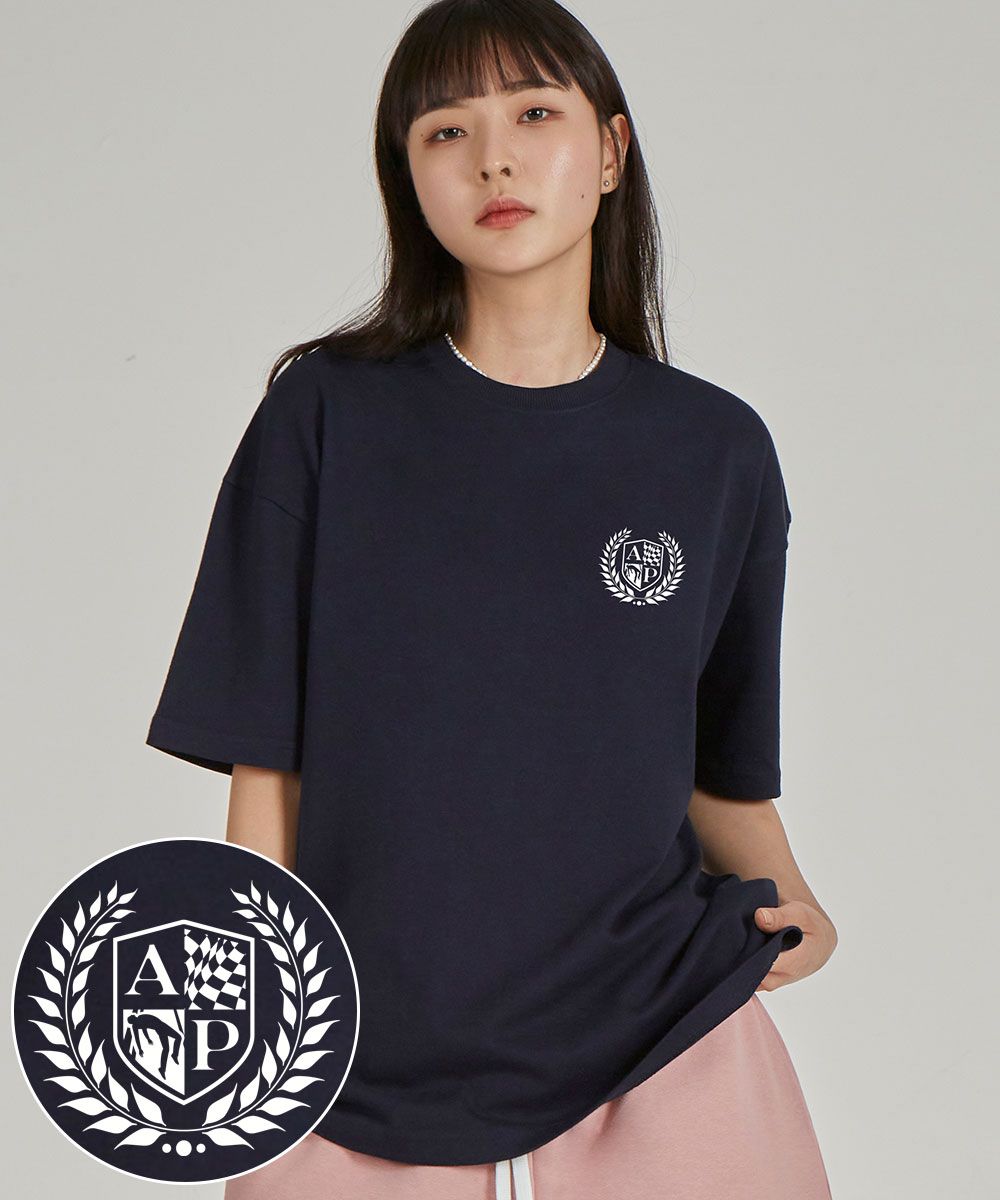 MUSINSA | ASTRAL PROJECTION AP Shield Emblem Round Neck 15 Count Cotton Short Sleeve T-Shirt_Navy