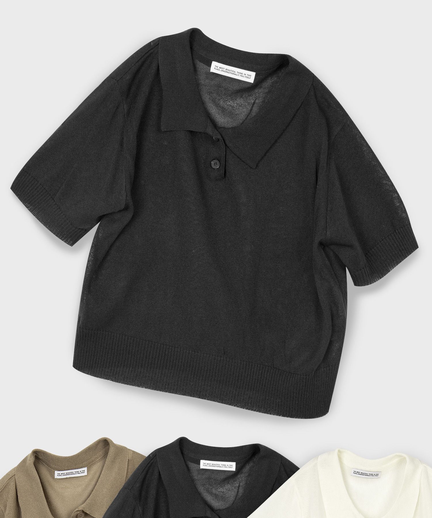 MUSINSA公式 | PLACE STUDIO Linen Like Crop Short Collar Button Sleeve Half Short Sleeve Knit 3COLOR