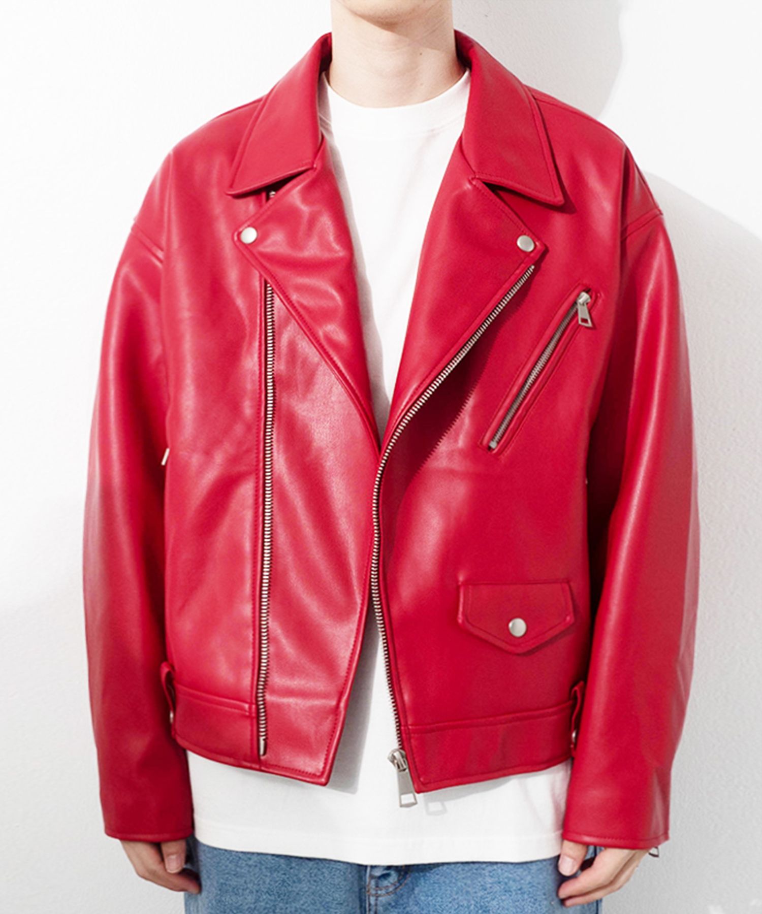MUSINSA | QT8 GARMENTS GB Synthetic Leather Rider Jacket (Red)