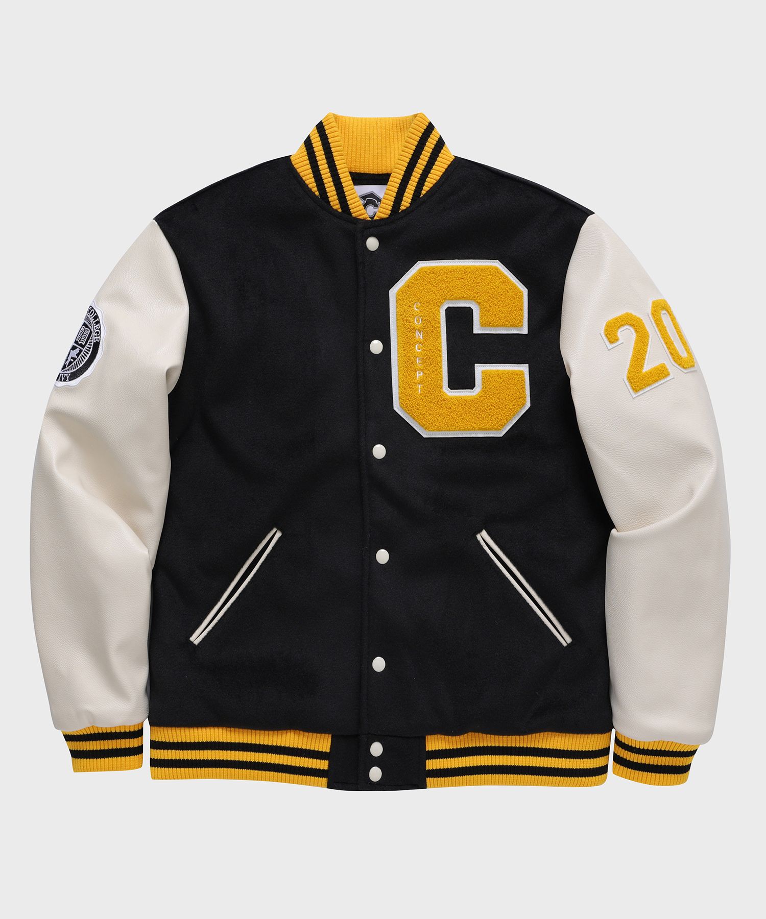 MUSINSA | CONCEPT COLLEGE Big patch black ivory baseball jacket ...