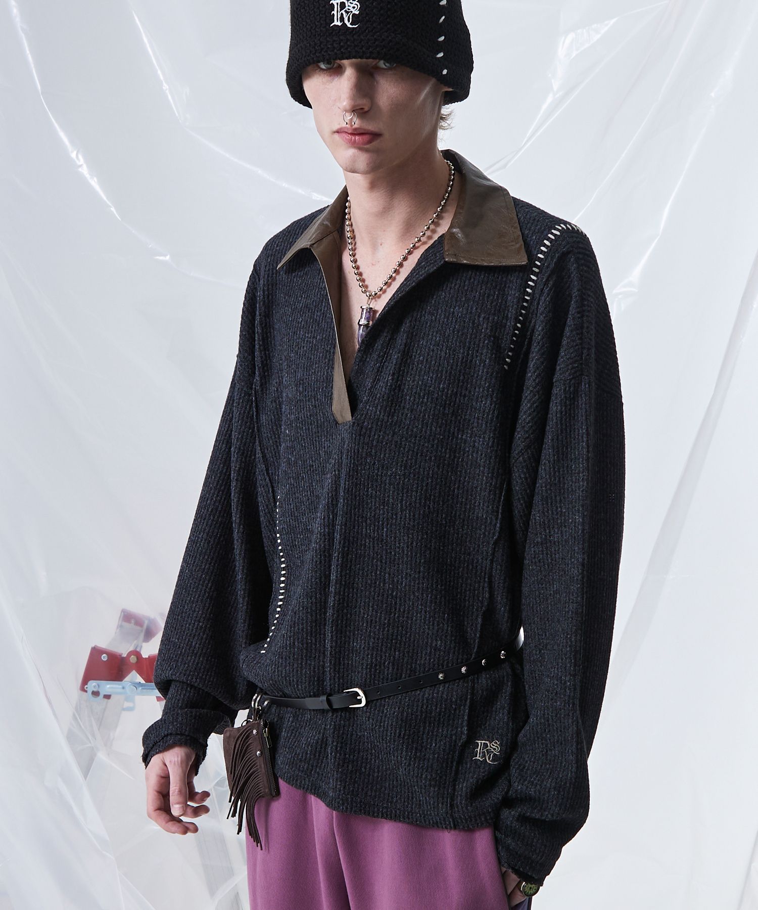 MUSINSA | RSSC LEATHER COLLAR STICH KNITWEAR - CH