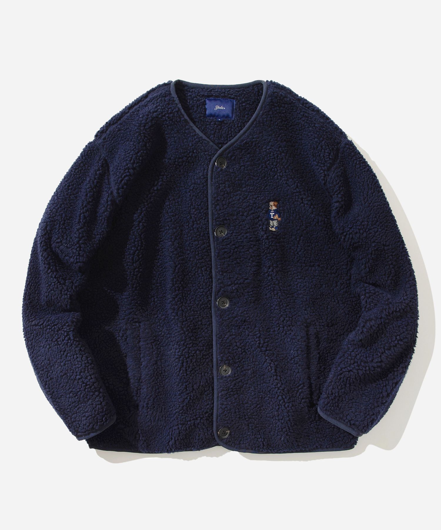 MUSINSA | YALE Embroidered Dan Collarless Boa Fleece Jacket_Navy