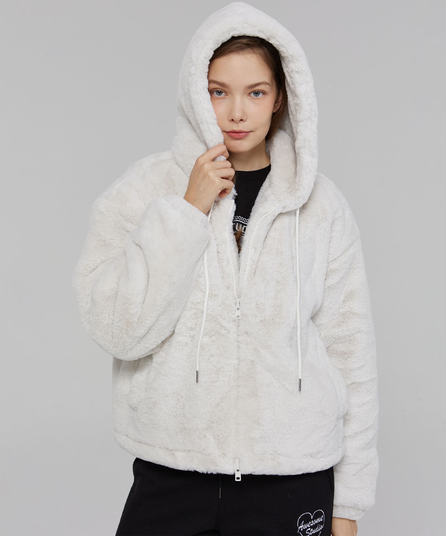 MUSINSA | AWESOME STUDIO Women's Mink Fur Hooded Jumper Ivory
