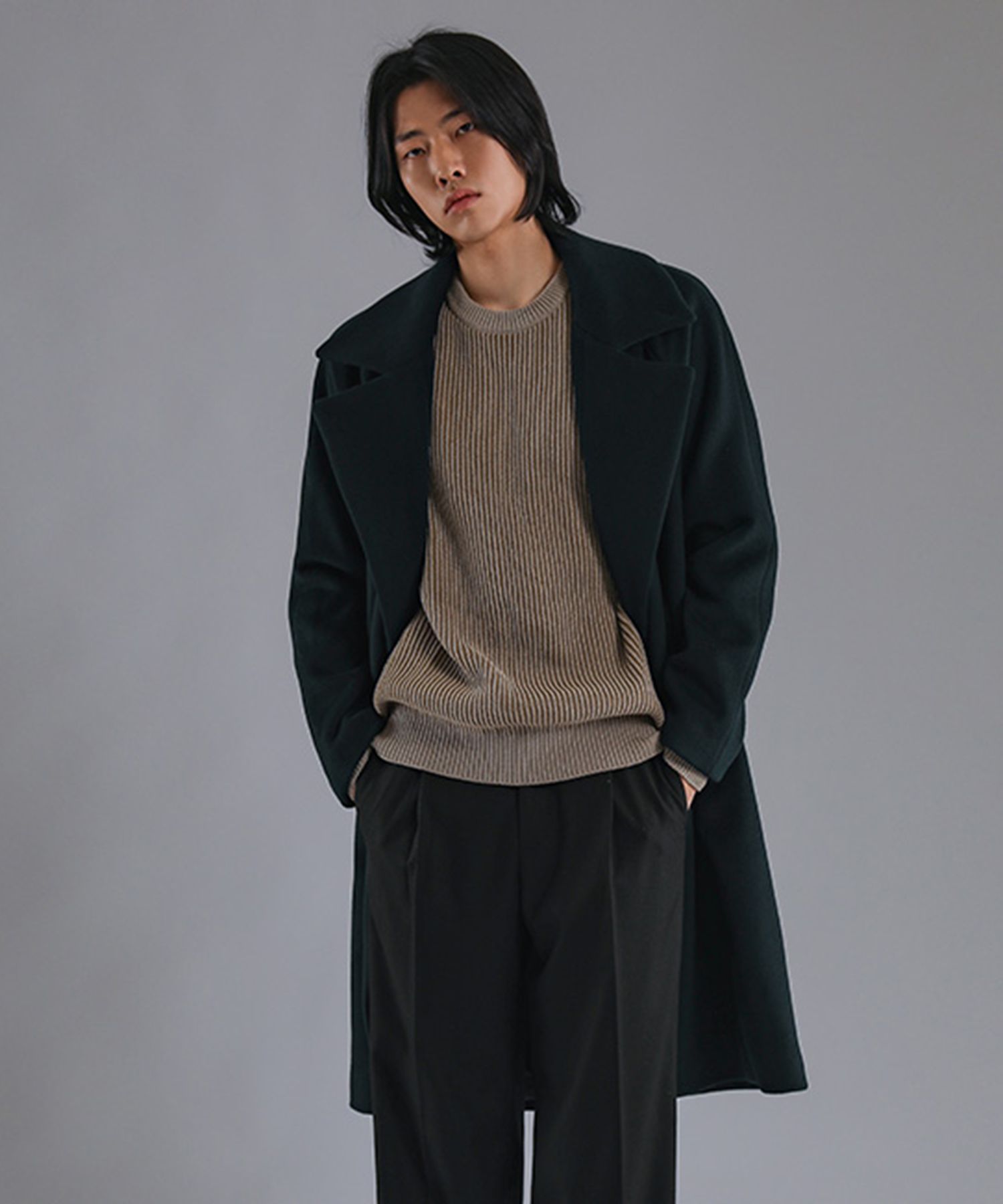 MUSINSA | AD HOC Men's High Neck Wide Lapel Coat (DK-GREEN)