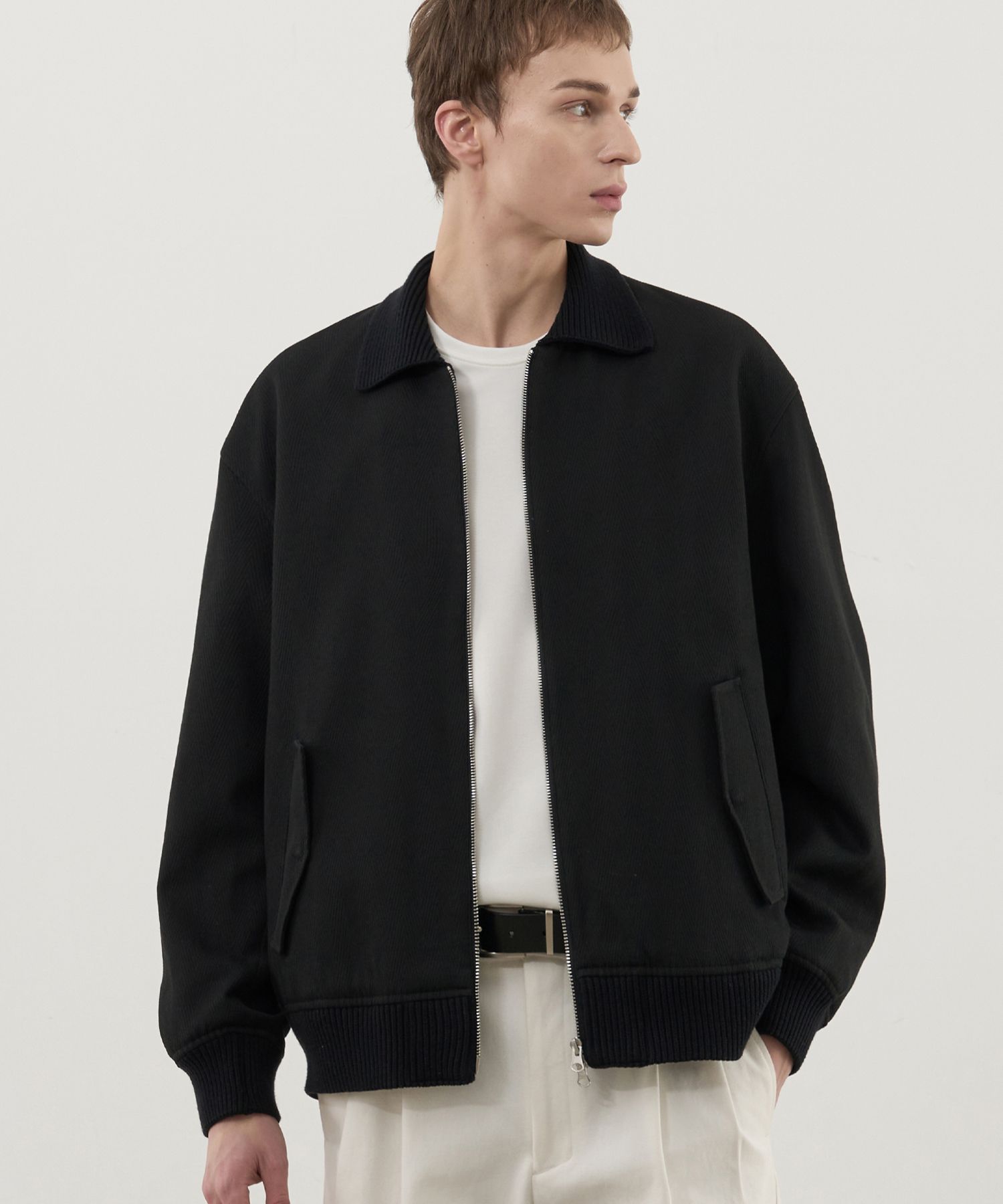 MUSINSA | DRAW FIT Cotton Twill Knit Color Matching Zip-up Jacket [BLACK]