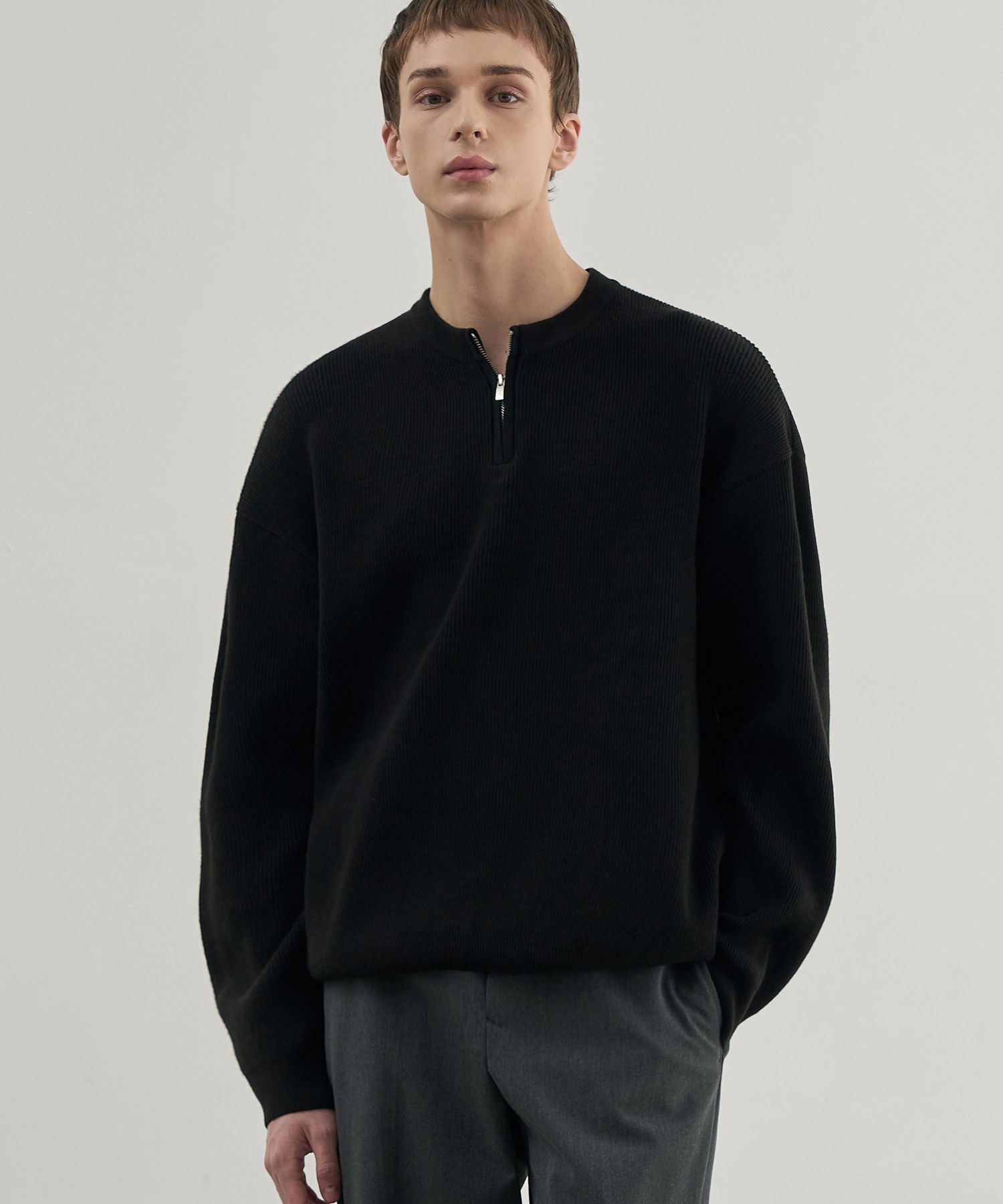 MUSINSA | DRAW FIT PBT round Half Zip pullover knit [BLACK]