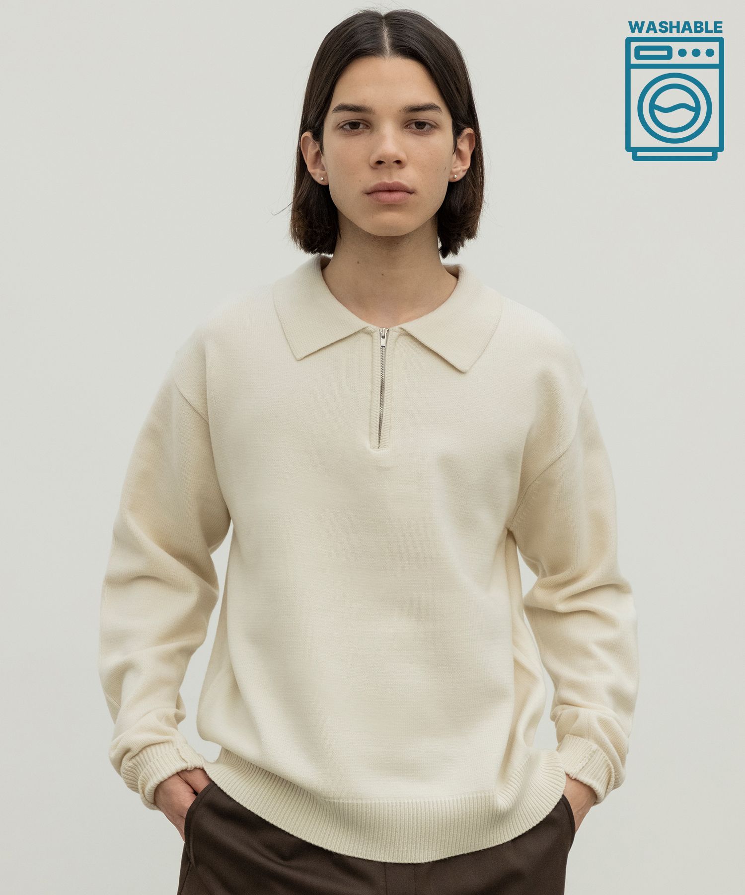 MUSINSA | SIGNATURE Washable zip-up collar knit [Ivory]