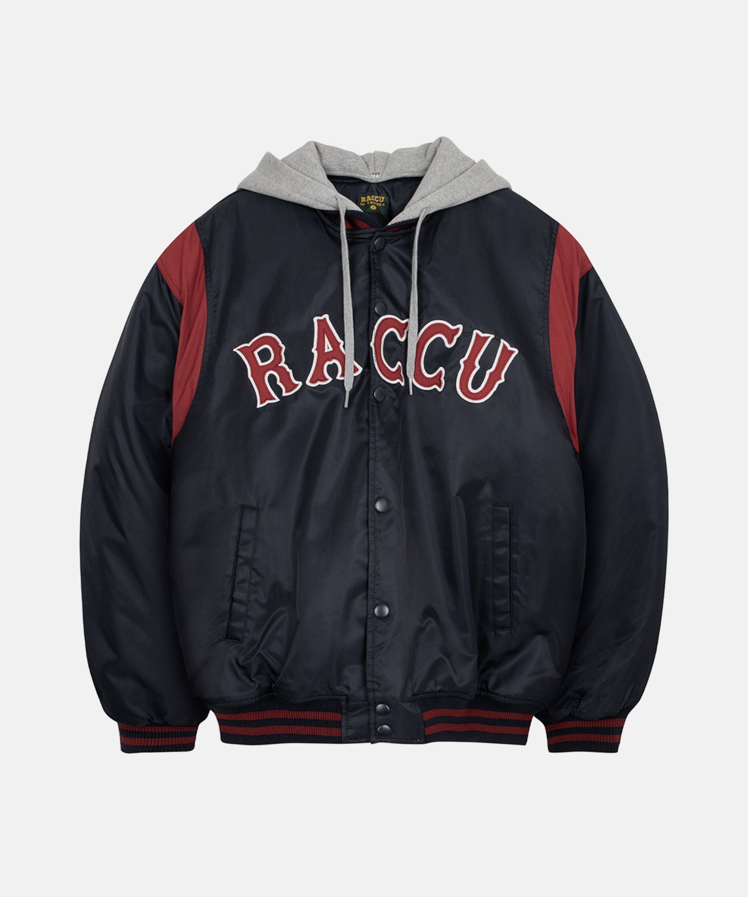 MUSINSA | TAKEASY Teddy Baseball Hooded Jacket (Navy + Red)