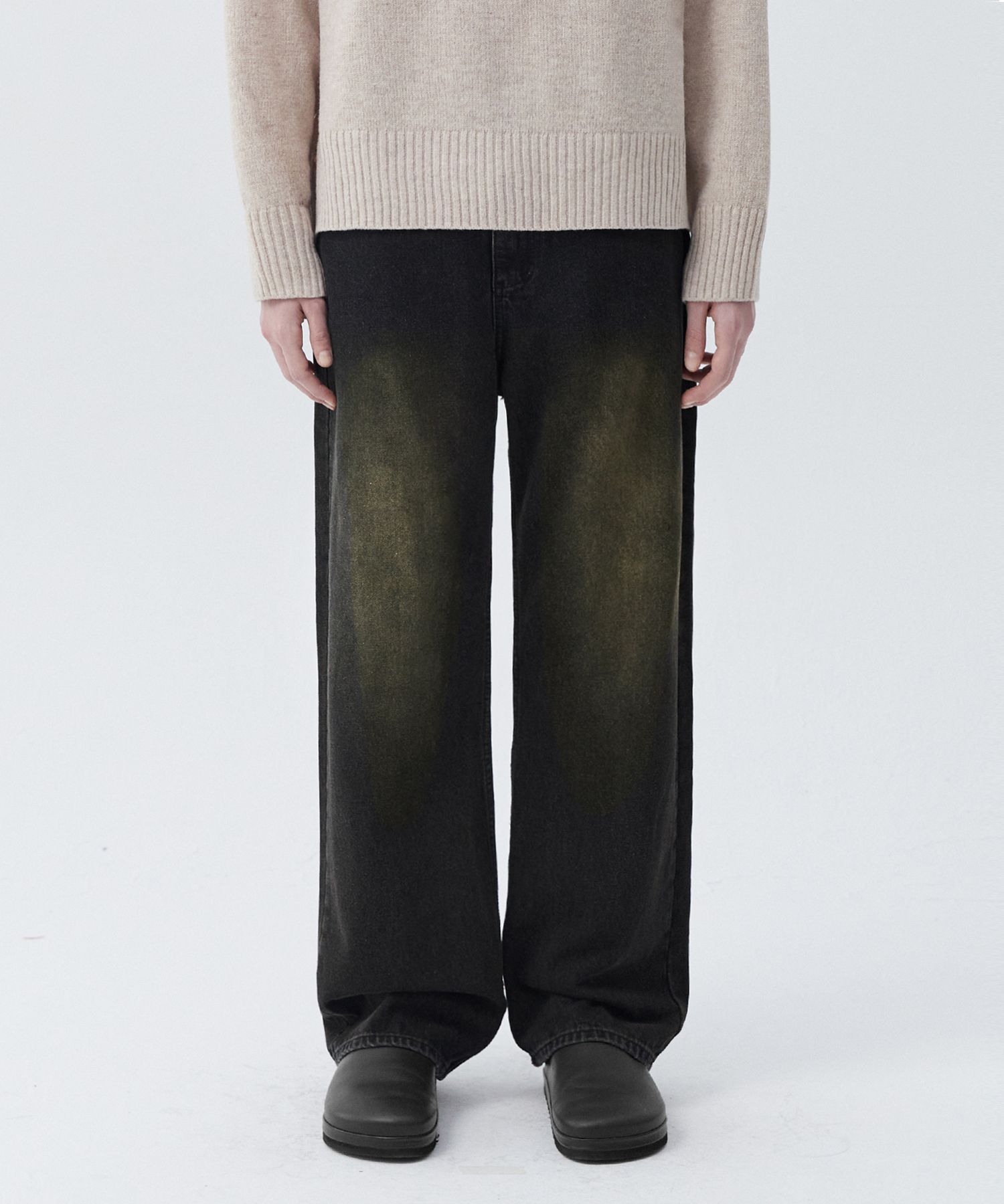 MUSINSA | TRILLION Biostone Washing Wide Denim Pants_BEIGE BLACK