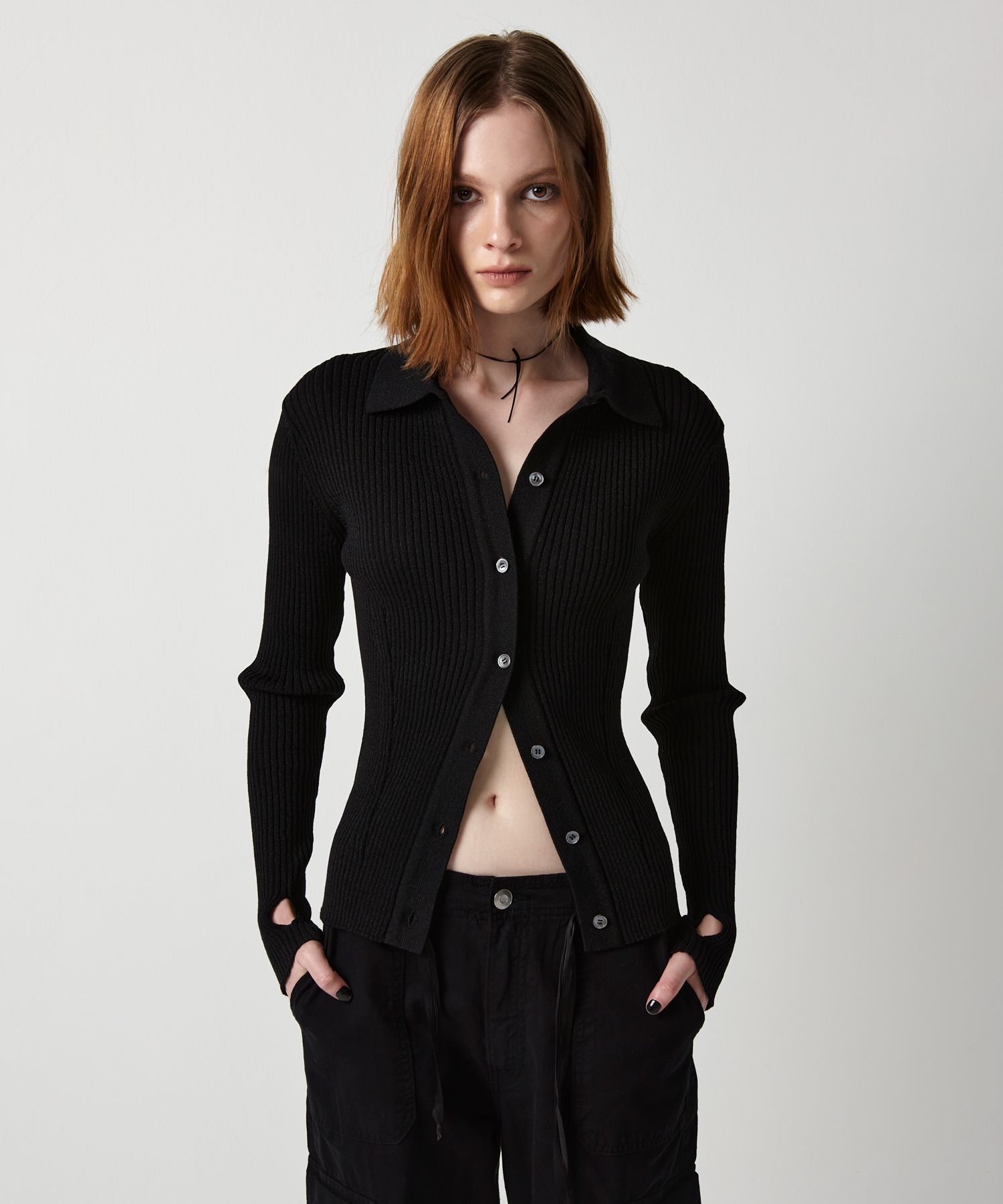 MUSINSA | EAN JO RIBBED COLLAR KNIT CARDIGAN (BLACK)