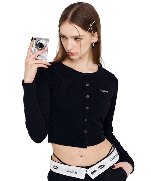 MUSINSA | ODDSTUDIO Odd Signature Logo Button Cropped Cardigan - BLACK