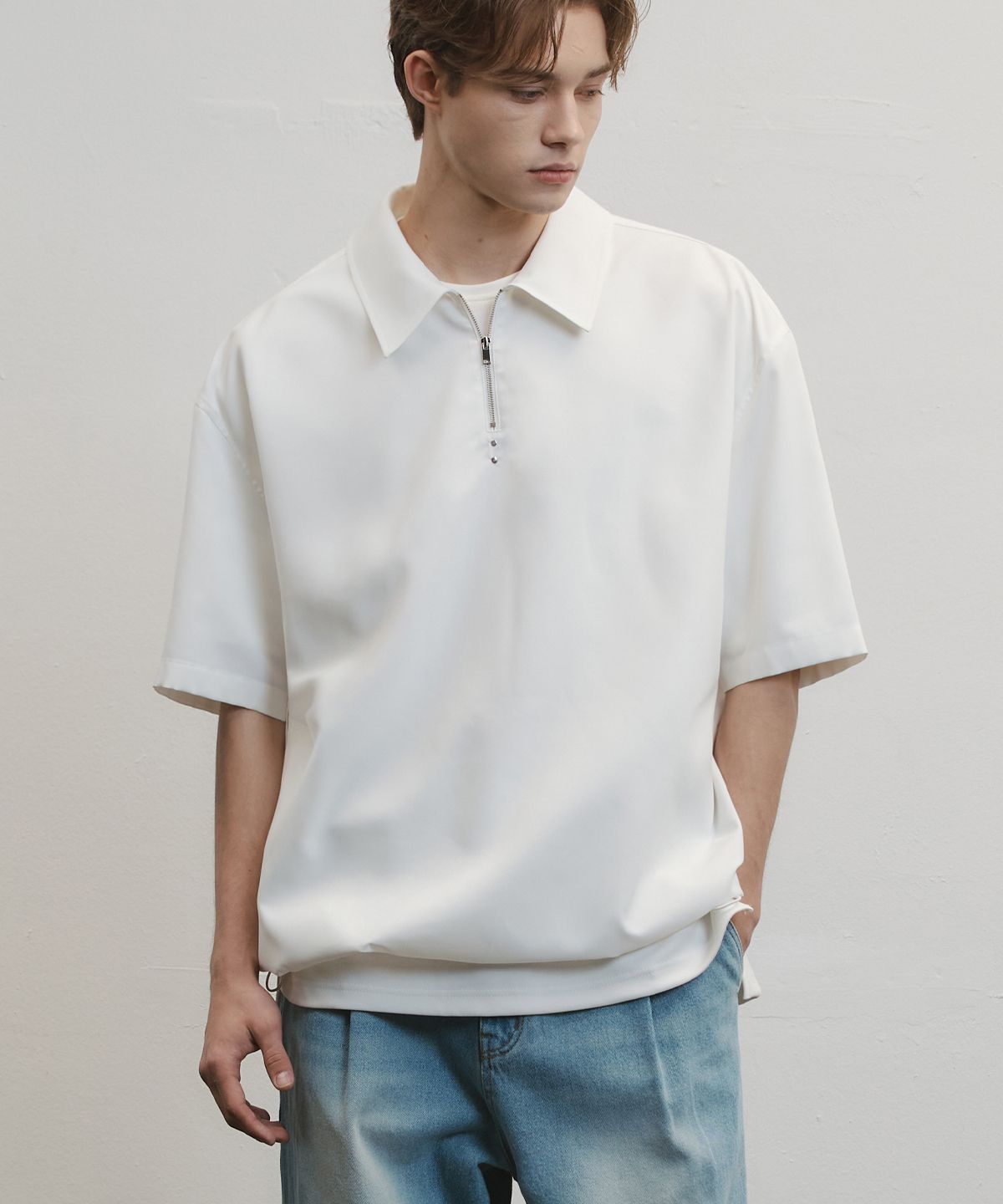 MUSINSA | ALYSS Essential Half Zip-up String Short Sleeve Shirt [White]