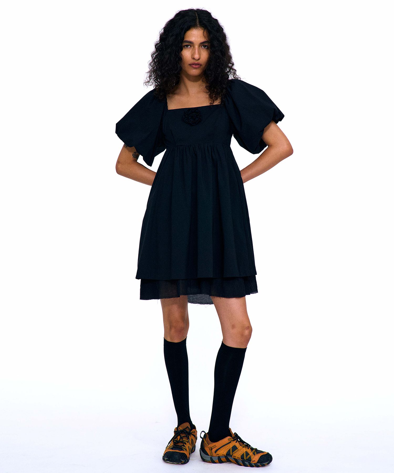 MUSINSA | PARTIMENTO WOMEN Floral Double Layered Puff Dress_Black